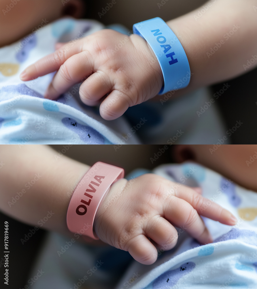 Hands of newborn babies with wristbands with the most common given ...