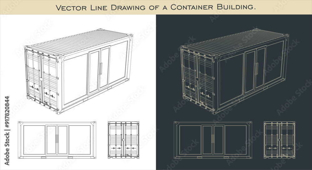 Set Cargo Container 20ft building line drawings. blueprint wireframe ...