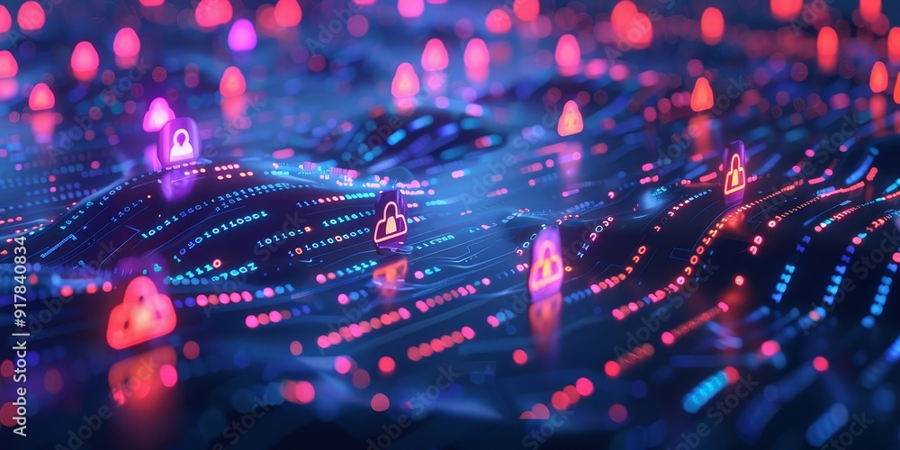 Abstract image of data packets moving through a digital landscape, with ...