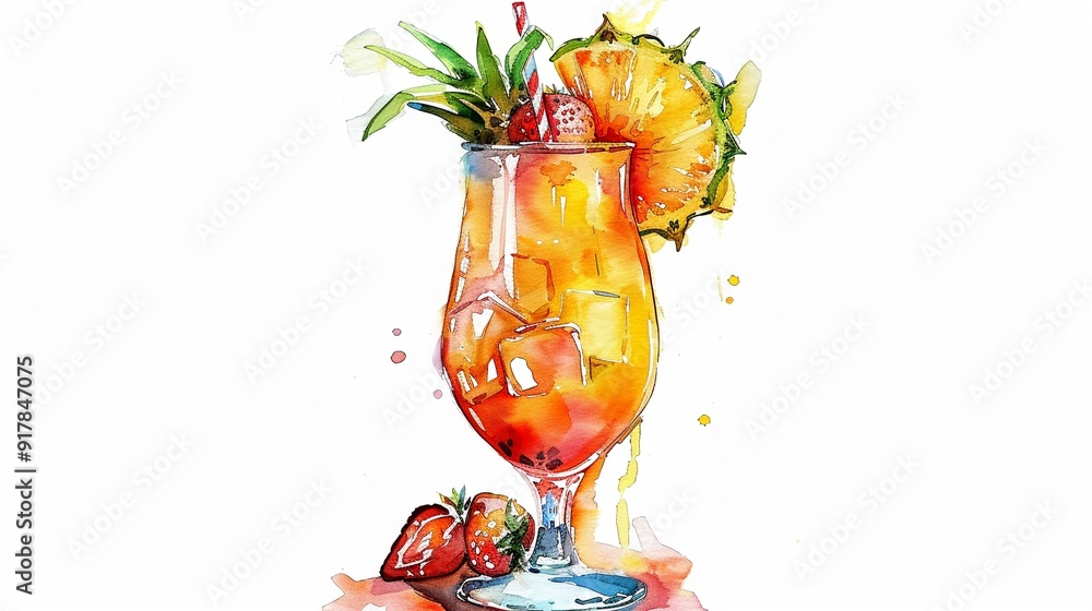 Hurricane glass with a tropical fruit garnish,Clipart, watercolor ...