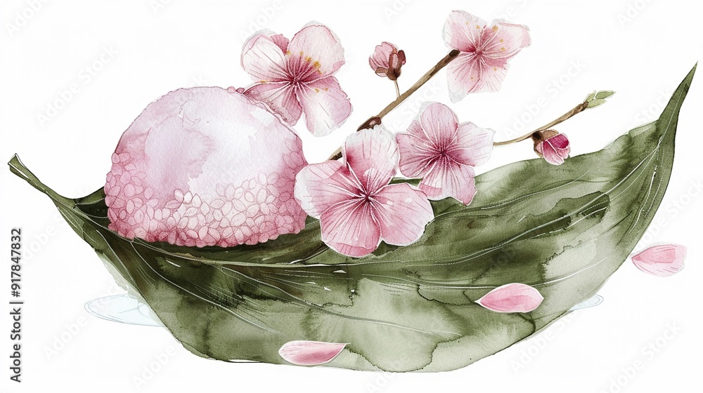 Sakura mochi (cherry blossom rice cake) wrapped in a pickled cherry leaf,Clipart, watercolor ...