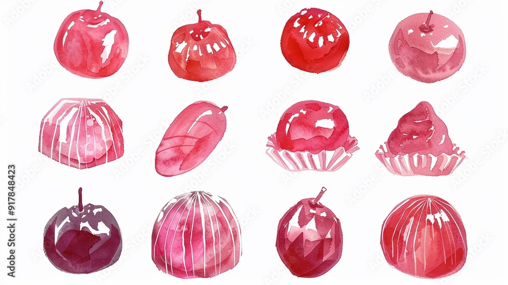 Umeboshi (pickled plum) candies in cute shapes,Clipart, watercolor ...