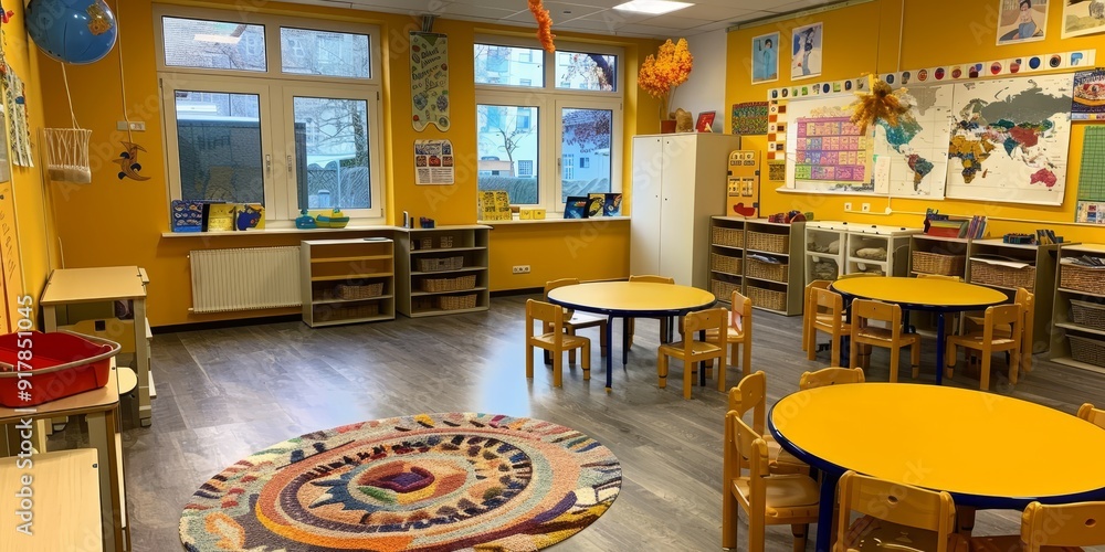 An international school classroom with multilingual signage and ...