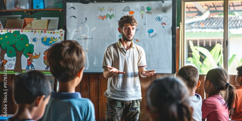 An international school teacher conducting a multicultural lesson with ...