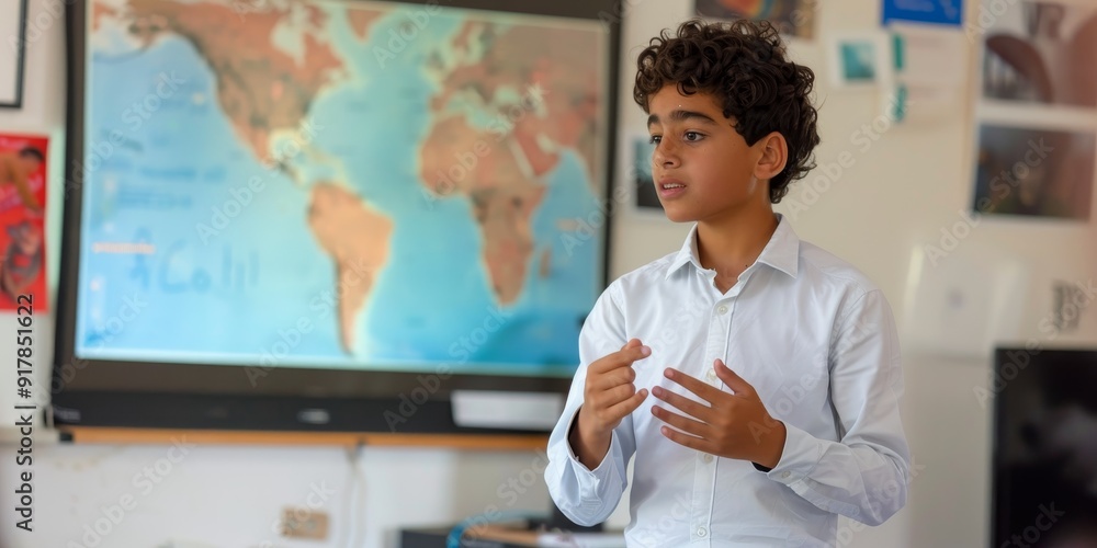 An international school student presenting their research project on ...