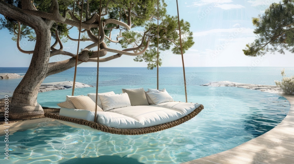 Elegant swing sofa floating on crystal clear swimming pool water at an ...