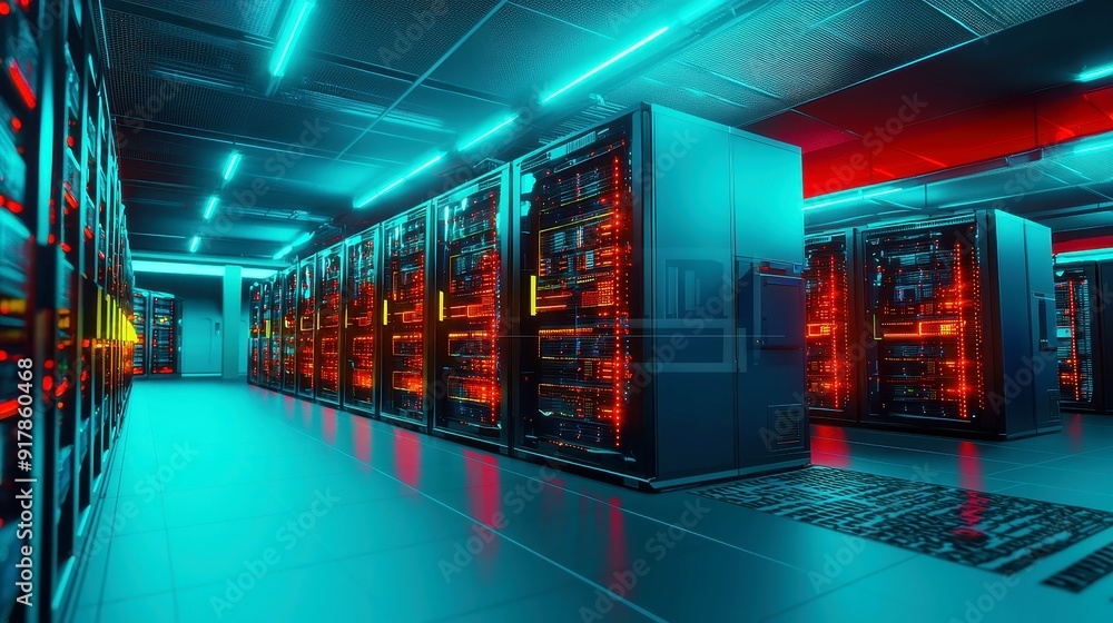 Illuminated Server Hub, a sleek database center featuring rows of dark ...