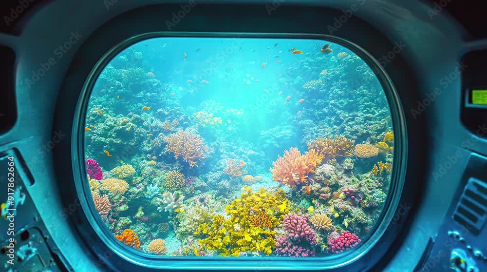Underwater landscape viewed from a submarine window, showcasing the ...