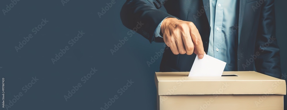 A person in a suit casts a ballot into a cardboard ballot box. The ...