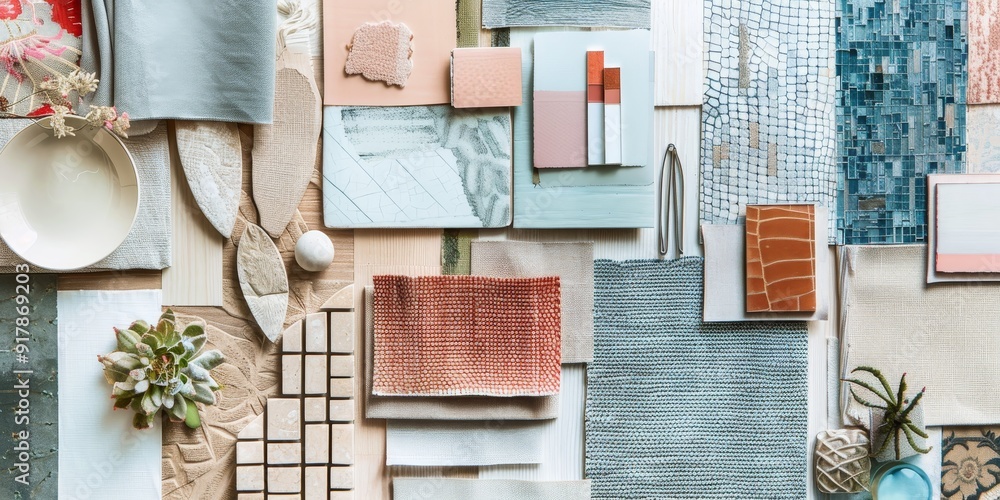Detailed mood board with an array of fabric samples, color palettes ...