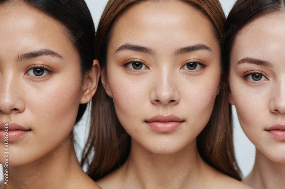 Low angle of young pretty Asian and Caucasian ladies with different ...