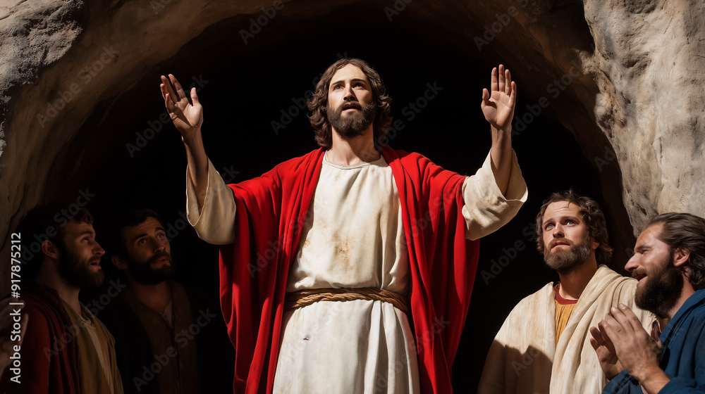 Jesus raising Lazarus from the dead, with Lazarus emerging from the ...