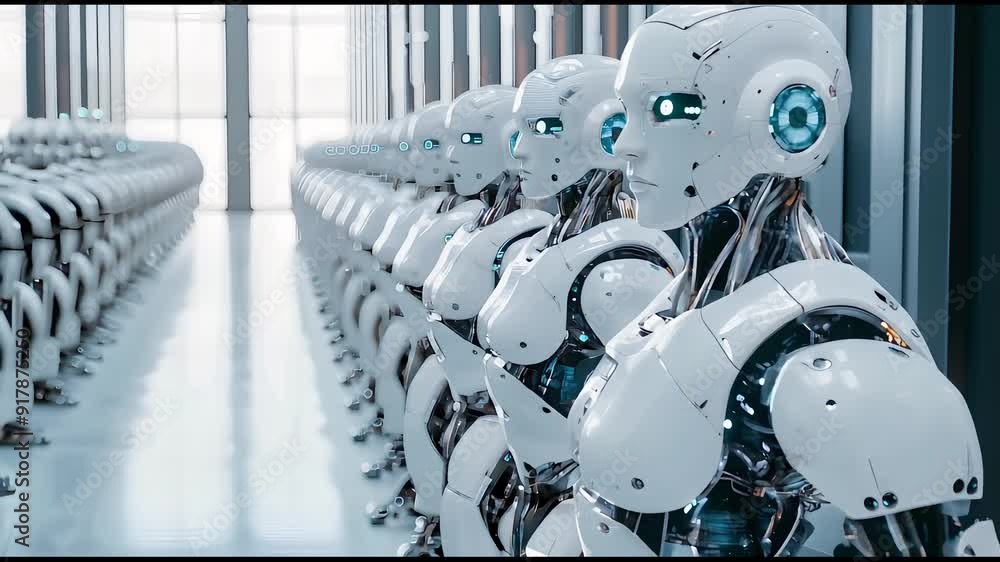 Row of identical advanced humanoid robots in a sleek high-tech environment, focusing on ...