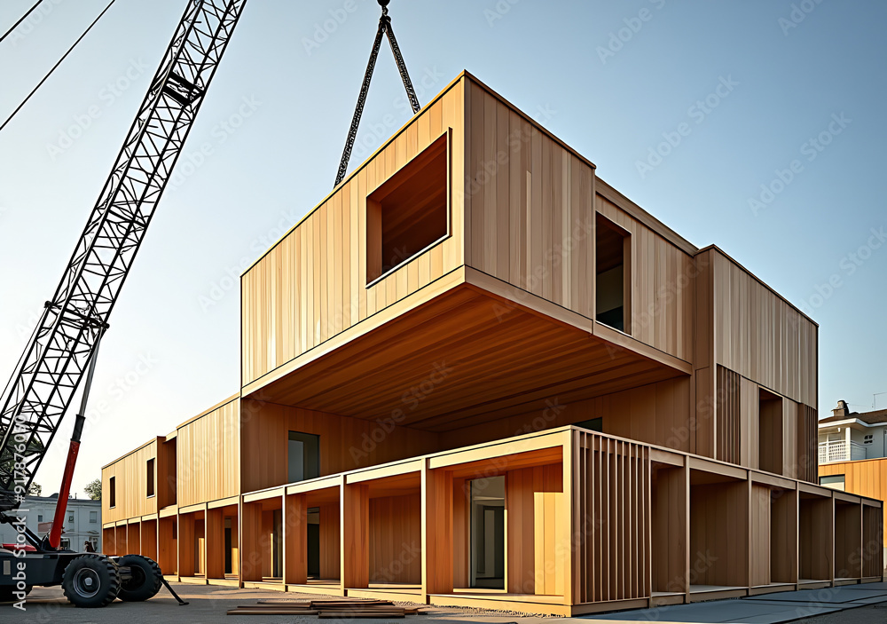 A wooden building module is raised by a crane and placed into the ...