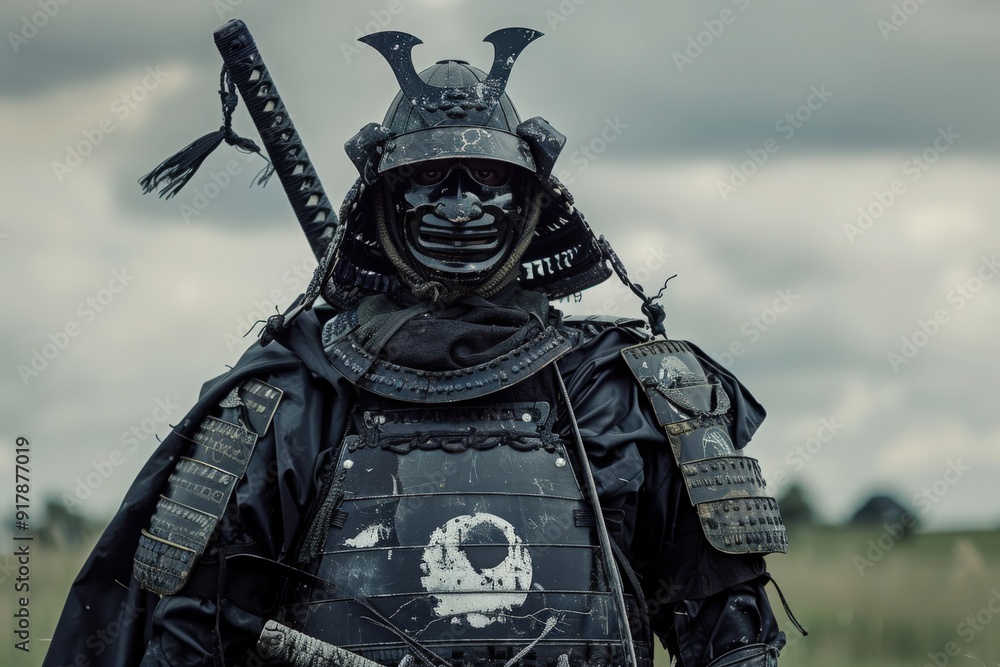 Draped in dark armor, a lone samurai exudes strength and resilience ...
