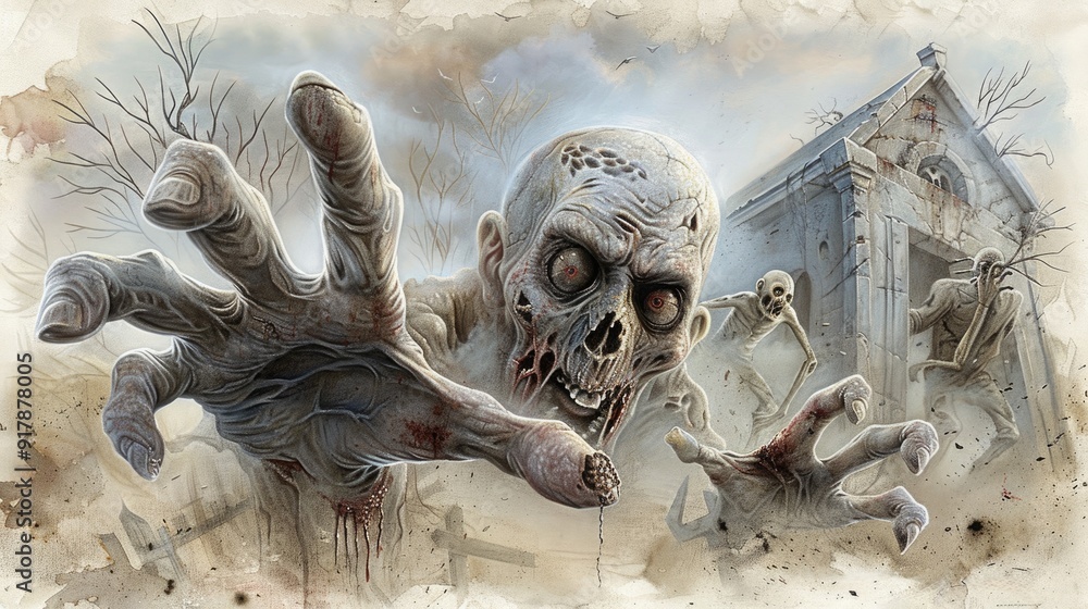 A horde of zombies shambles through a fog-shrouded graveyard, their ...