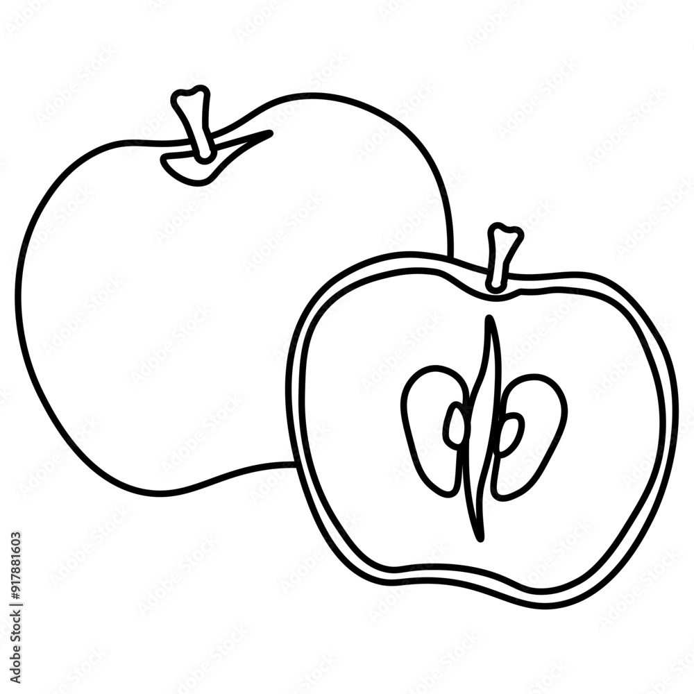 Outline apple whole and half, coloring page with healthy fruit for ...