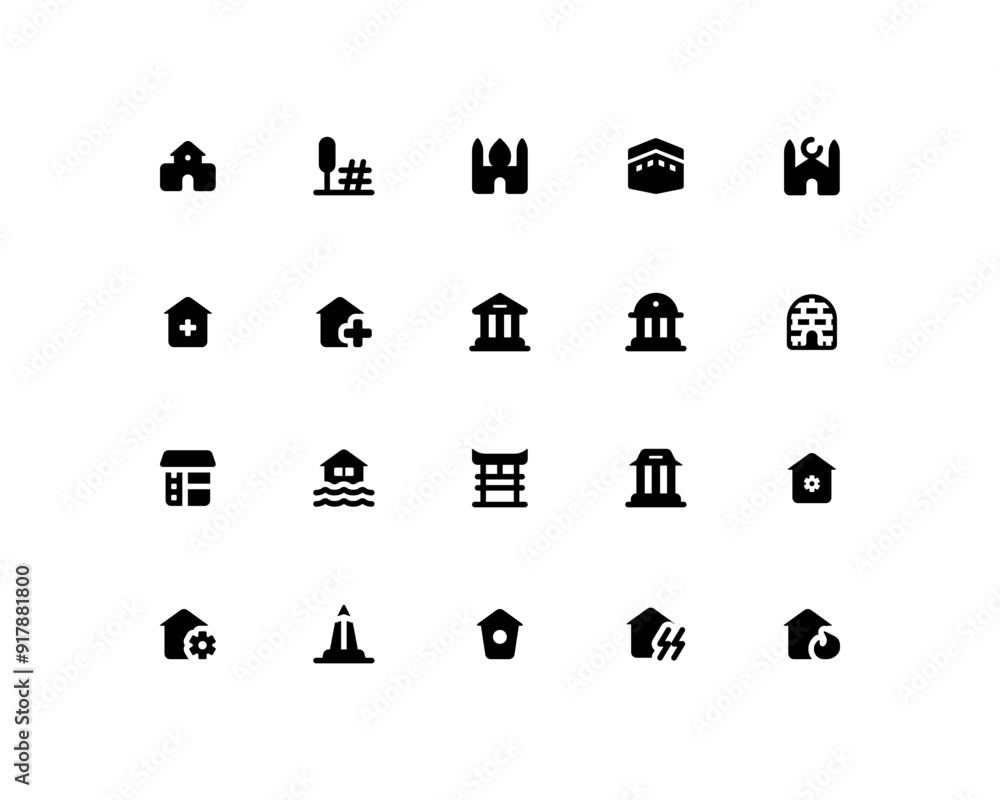 Building icon set in outline style. Mansion, park, mosque, chimney ...