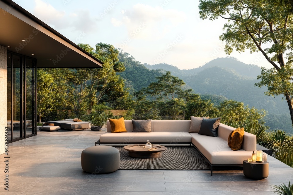 Luxurious outdoor lounge with panoramic nature view for relaxation and ...