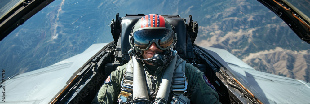 Pilot in Cockpit with Mountain View from Airplane Window - A pilot ...