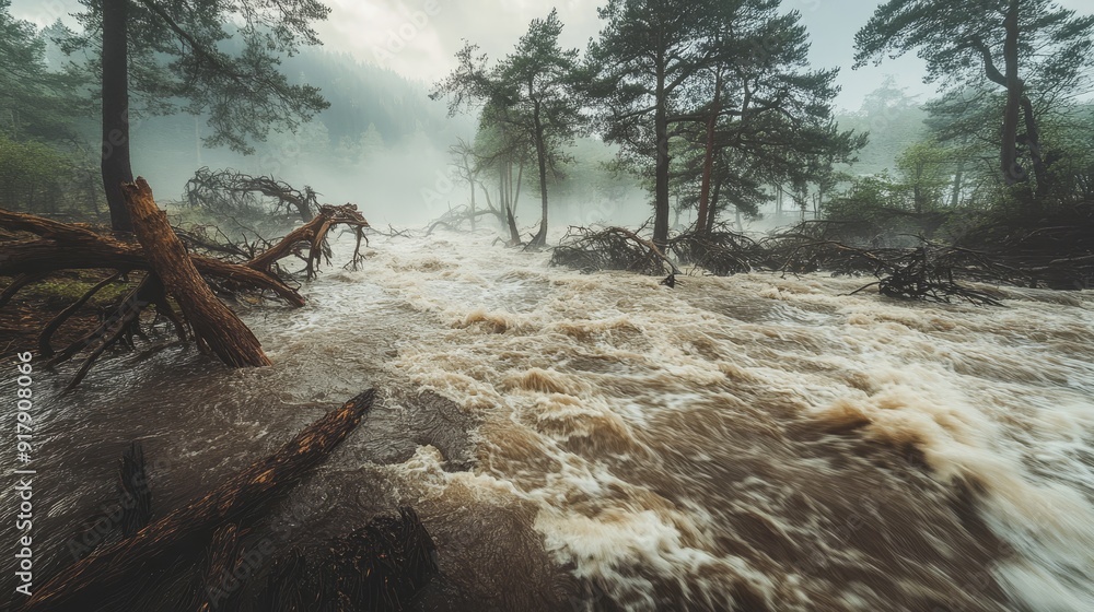 Powerful River Flood in a Misty Forest - The force of nature is evident ...