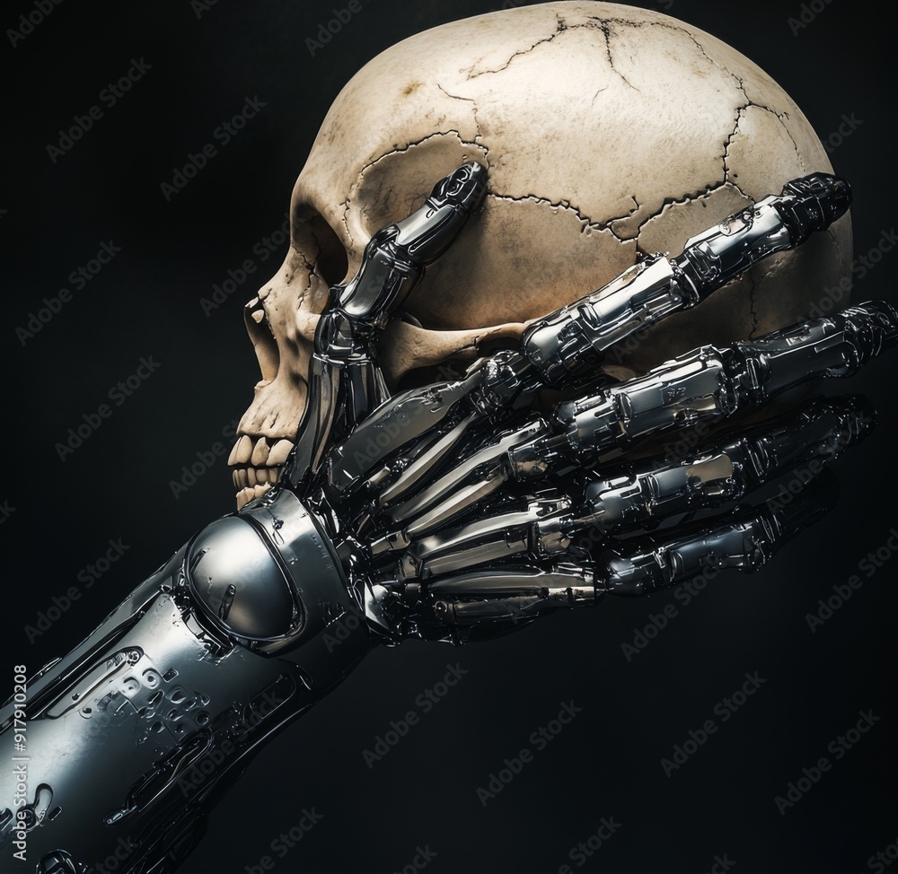 Unsettling Portent of a Cyborg Hand Clutching a Human Skull ...