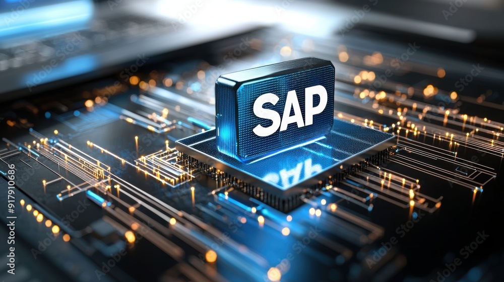 SAP logo on a laptop screen, framed by glowing lines and circuits in a ...
