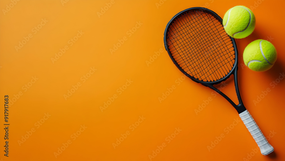 Tennis racket and balls on a vibrant orange surface, perfect for sports ...