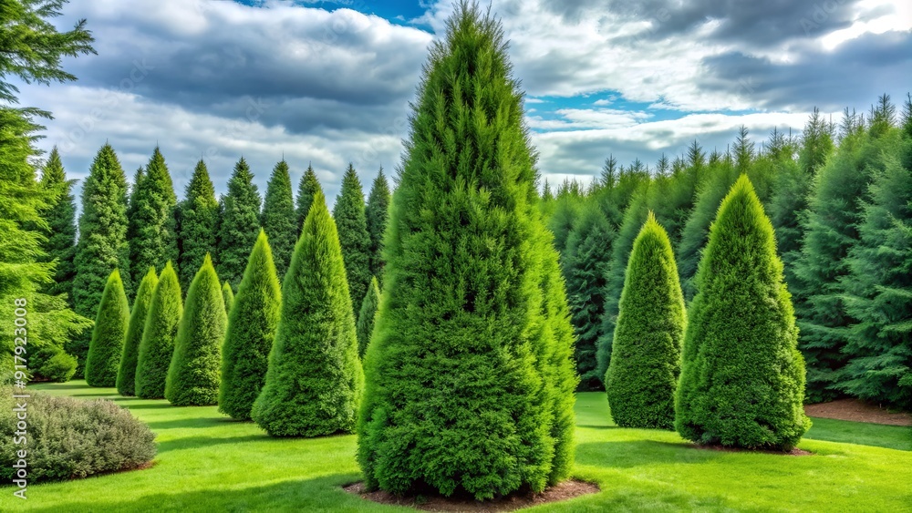 Tall, dense, and emerald green, a majestic giant arborvitae tree stands ...