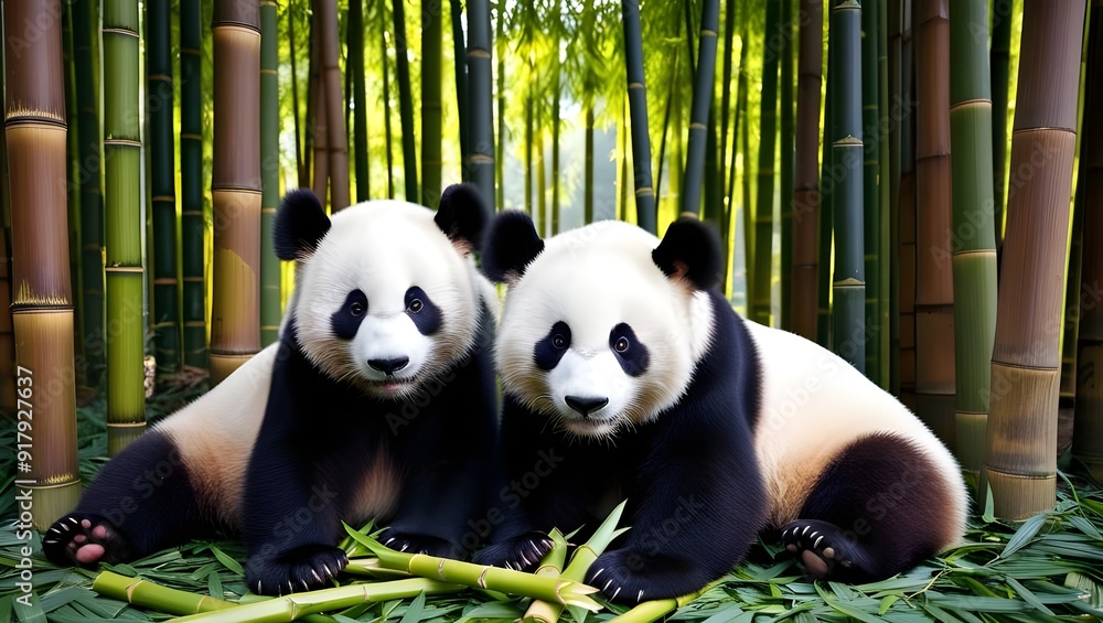 Two years aged young giant Pandas, Ailuropoda melaleuca, sit together ...