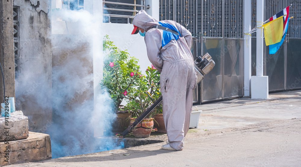Healthcare worker using fogging machine to spraying insecticide in ...