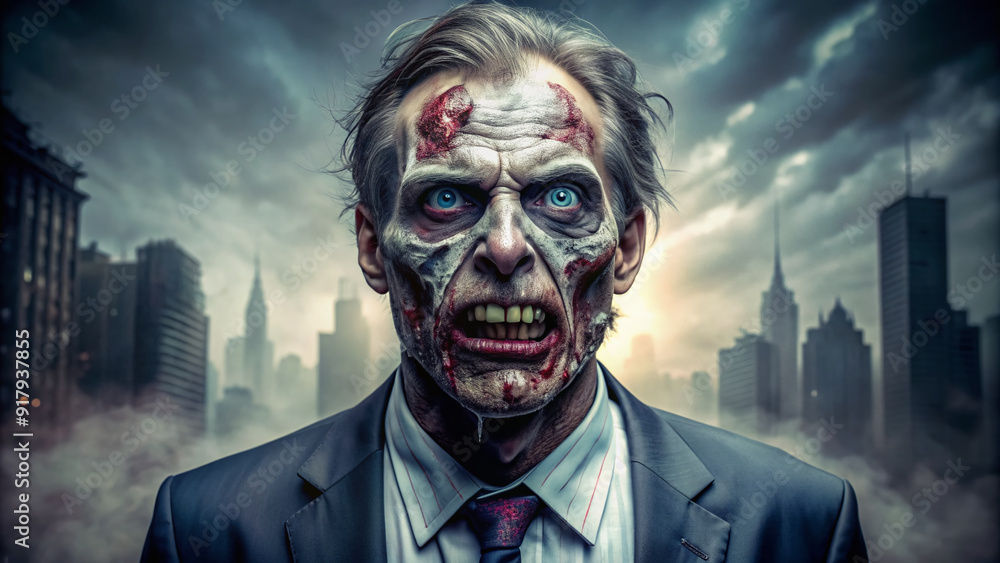 A gruesome, undead zombie's face merged with a fictional company logo ...