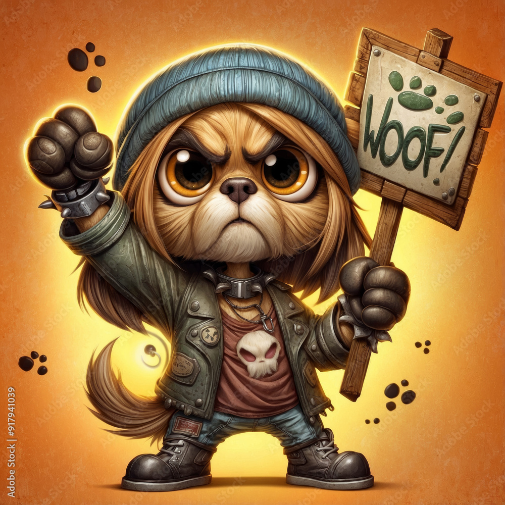 A cartoon rebel dog stands on two legs, wearing a leather jacket with a ...