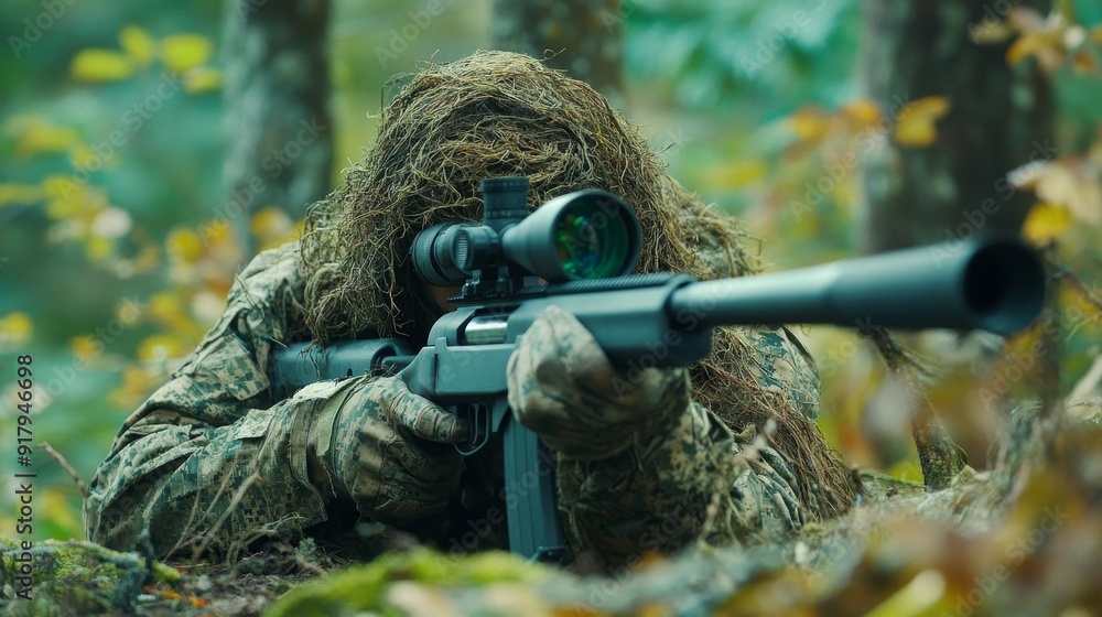 Sniper aiming through precision rifle in dense jungle camouflage Stock ...