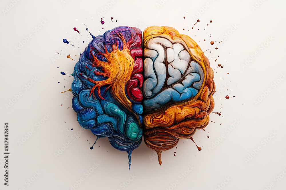 Hand drawn brain, left and right semispheres, surrounded by formules ...