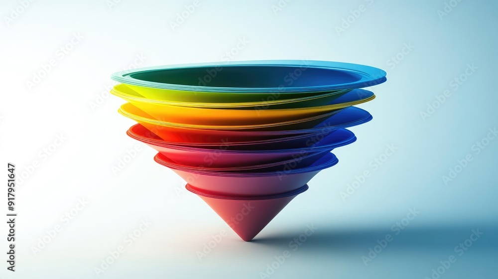 3D funnel chart with segmented sections, representing stages of a ...