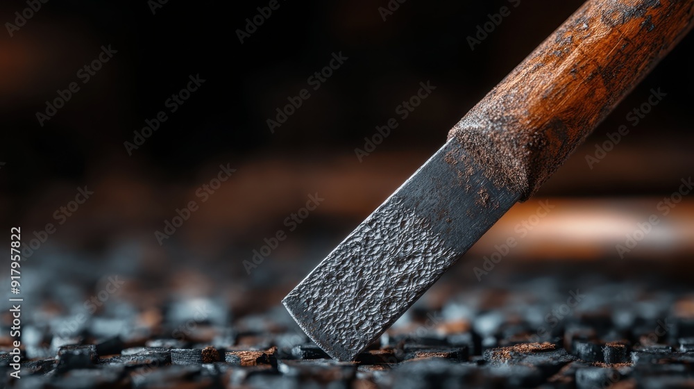 A high-detail image capturing a blacksmith chisel striking metal ...