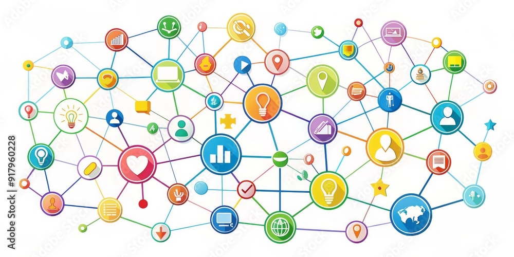 Colorful mind map illustration with interconnected nodes, keywords, and ...