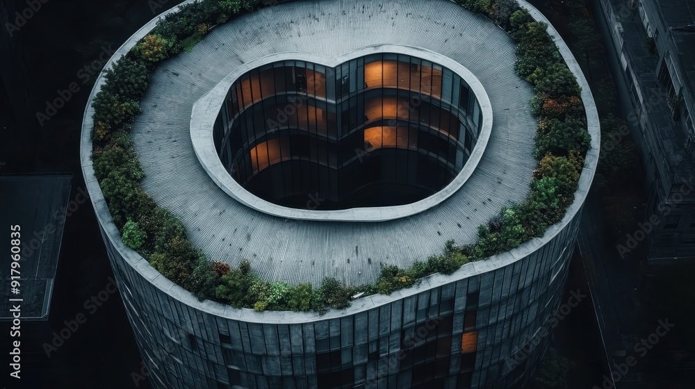 This image exhibits a contemporary building featuring a circular ...