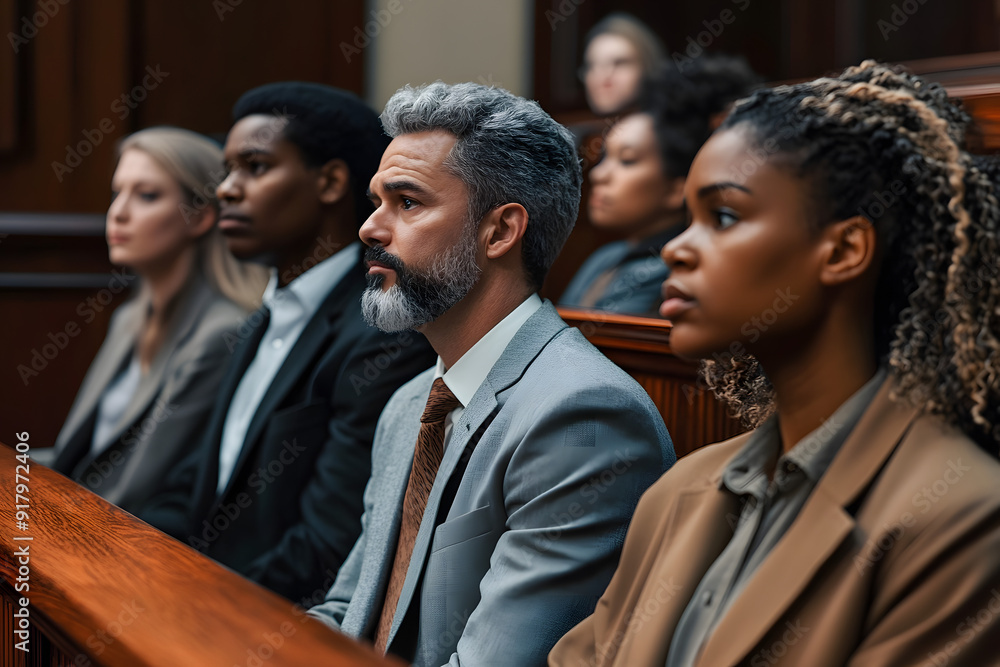 Group of jurors sitting together in jury box during trial Stock Photo ...