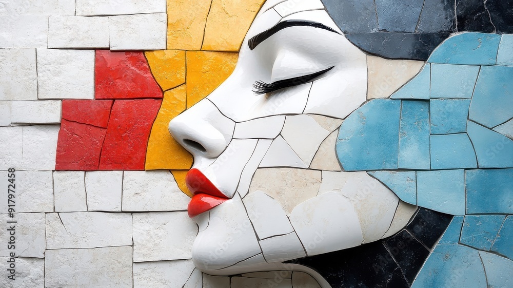Mosaic artwork representing human emotions through abstract faces and ...