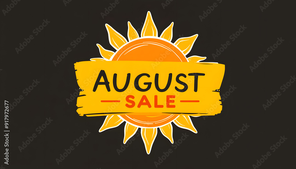 august sale with sun sign, yellow and orange drawn label isolated with ...