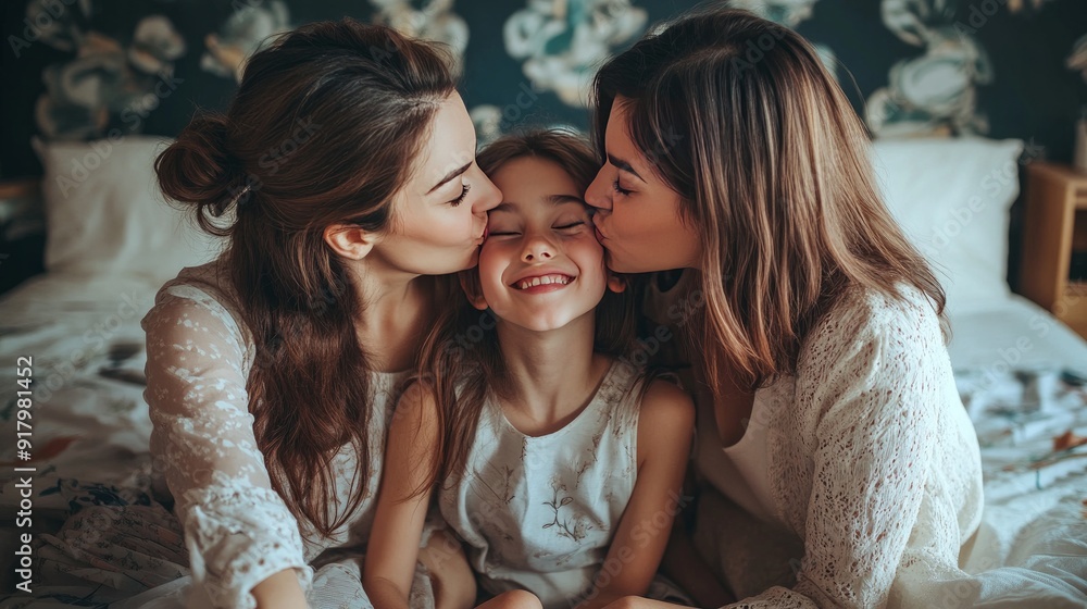 Female family members cuddled up on a bed inside a house, giving and ...