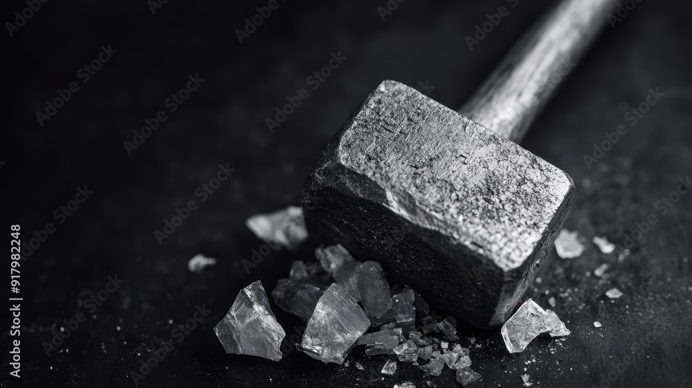 A heavy sledgehammer lies on shattered rocks, creating a dramatic mood ...