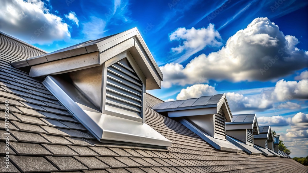 Close-up of modern ridge vents on a sloping roof, allowing airflow and ...