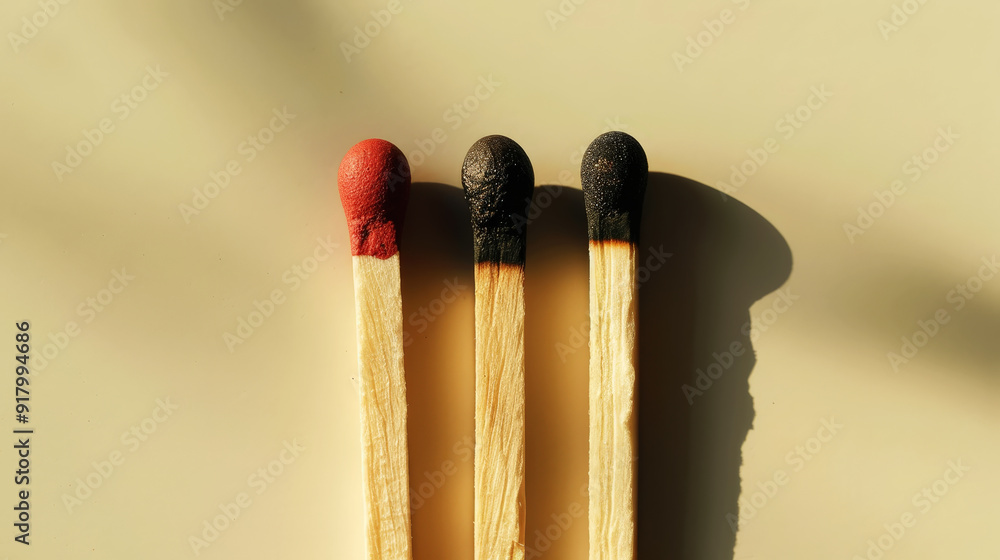 Group of burned matches on beige background, hard shadows, aesthetic ...