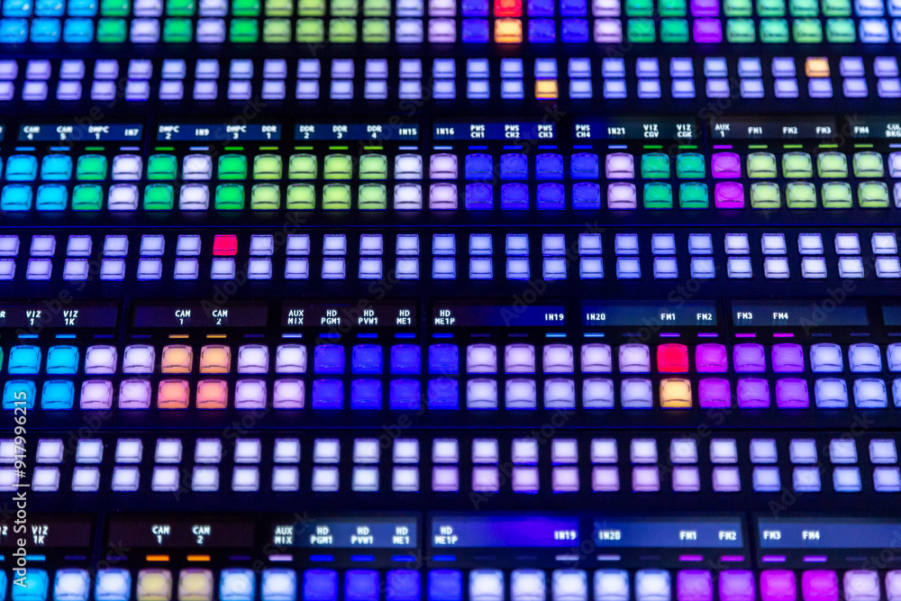 Modern video mixer panel with many colored, glowing buttons ...