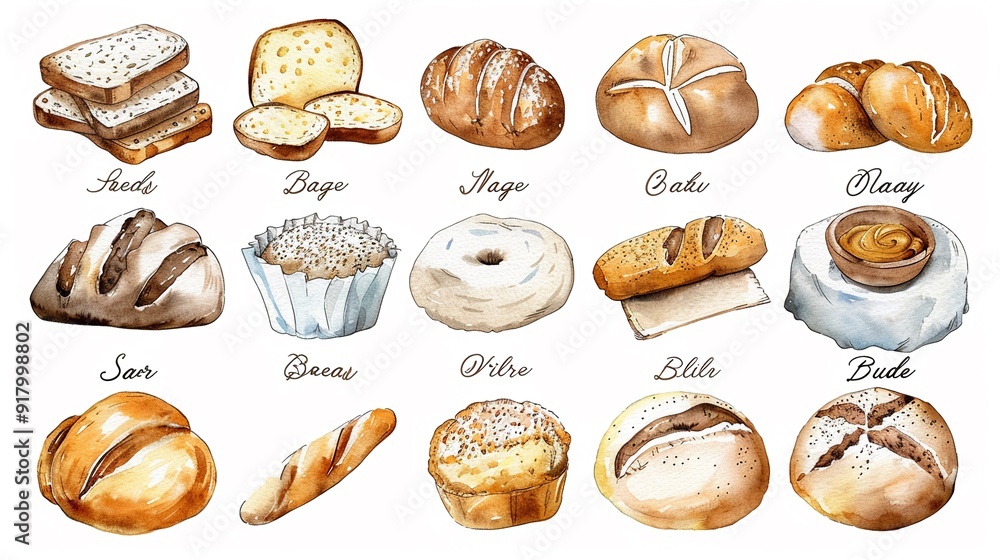 Bakery menu board with bread names,Clipart, watercolor illustration ...