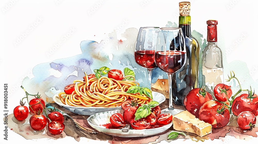 Italian dinner with pasta and wine,Clipart, watercolor illustration ...