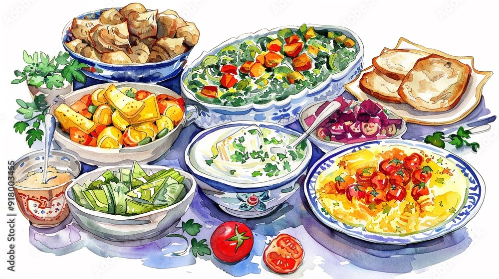 Potluck dinner with a variety of homemade dishes,Clipart, watercolor ...